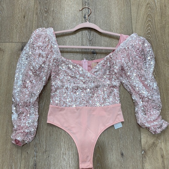 Tops | Pink Sequence Bodysuit | Poshmark